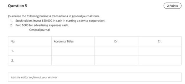 Solved journalize the following business transactions in | Chegg.com