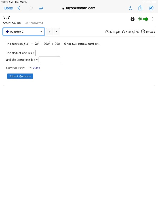 Solved 10:59 AM Thu Mar 5 Done AA myopenmath.com 2.7 | Chegg.com