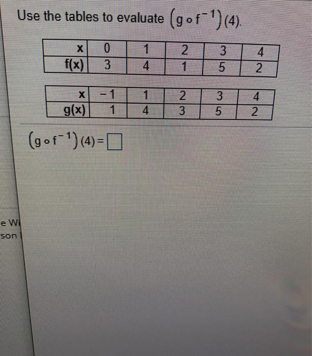 Solved Use the tables to evaluate (gof-') (4). X 0 3 1 4 | Chegg.com