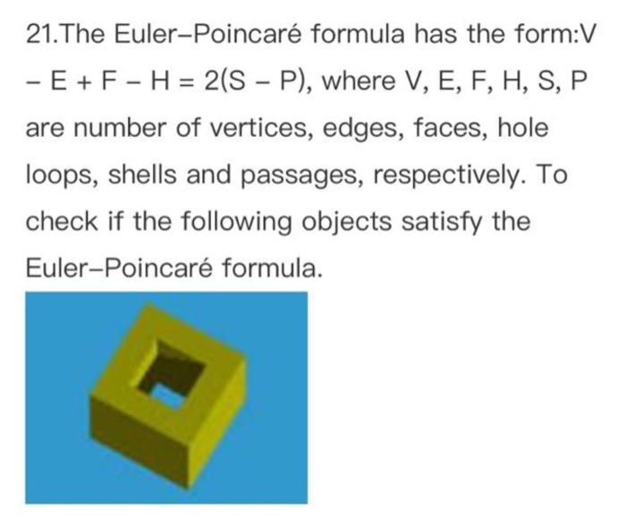 Solved 21. The Euler-Poincaré formula has the form:V - E+ F | Chegg.com