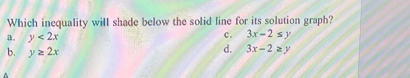 Solved Which inequality will shade below the solid line for | Chegg.com