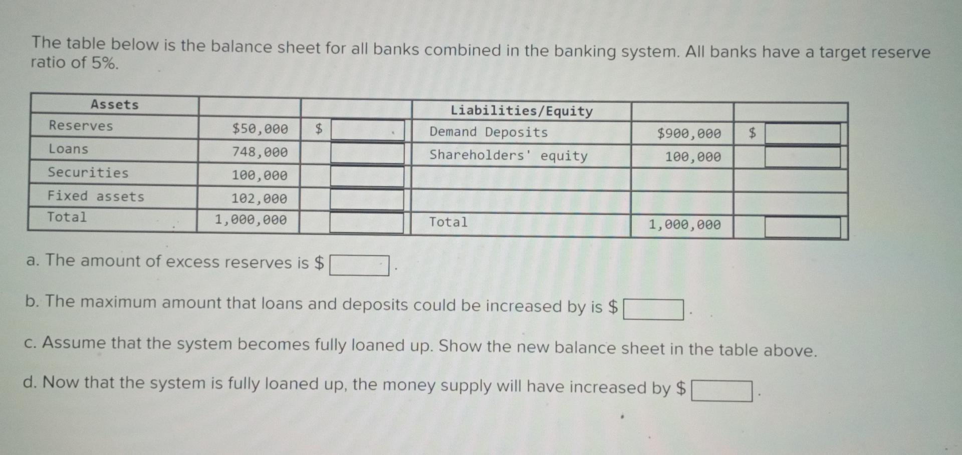 Solved The table below is the balance sheet for all banks | Chegg.com