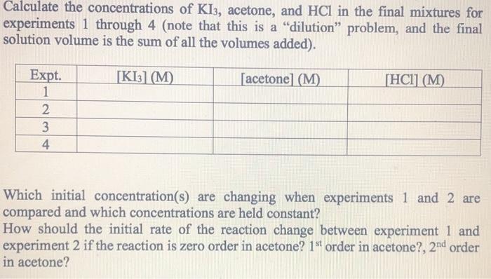 Solved Calculate the concentrations of KI3, acetone, and HCl | Chegg.com