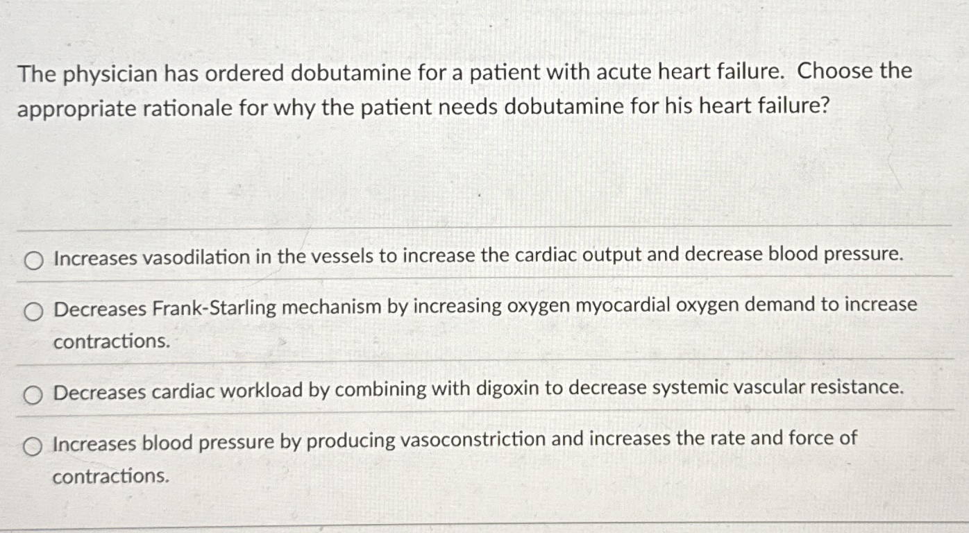 Solved The physician has ordered dobutamine for a patient | Chegg.com