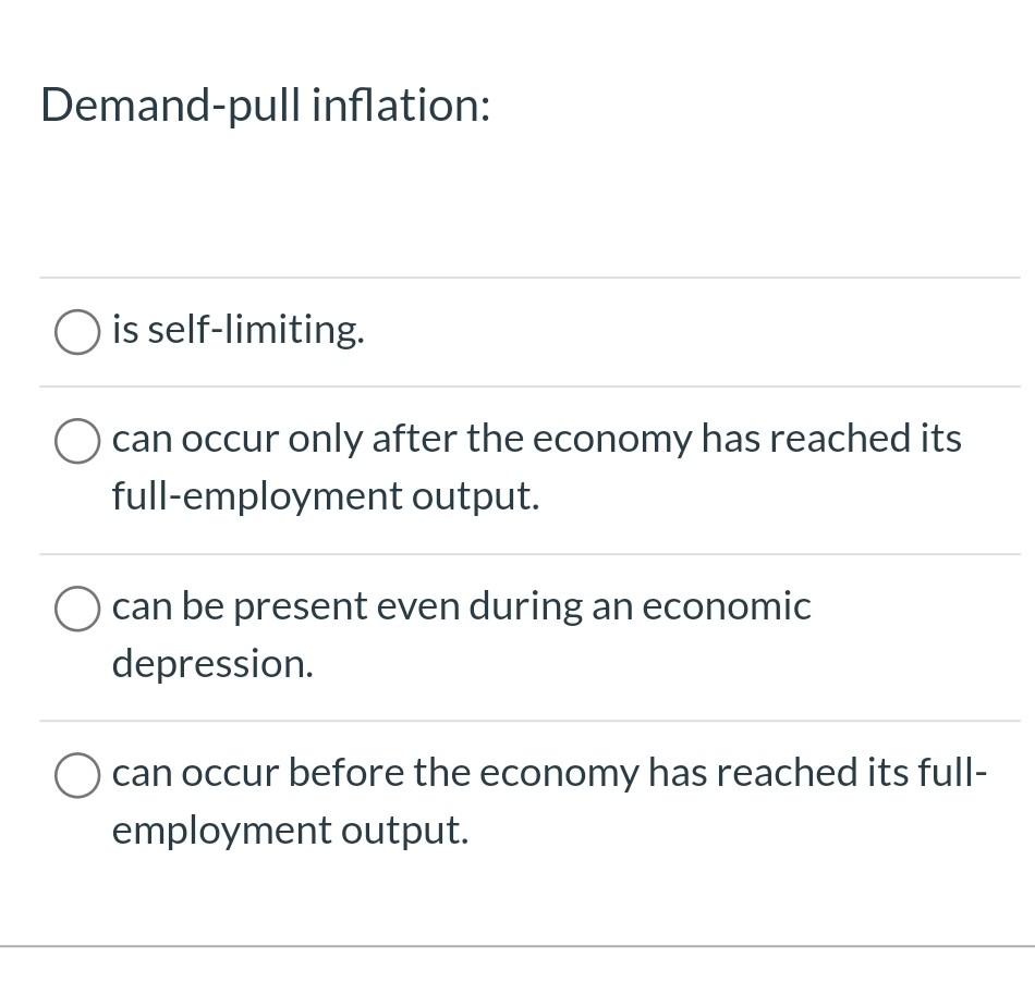 Solved Demand-pull inflation: is self-limiting. can occur | Chegg.com