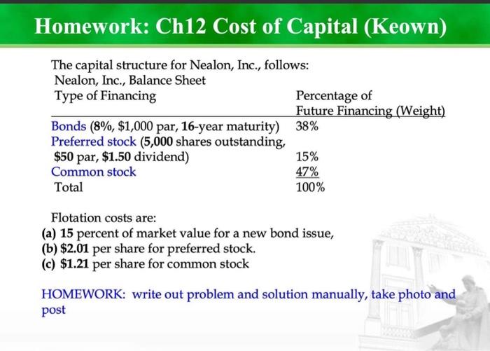 Solved Homework: Ch12 Cost of Capital (Keown) The capital | Chegg.com