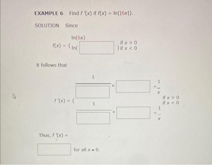 Solved EXAMPLE 6 Find f′(x) if f(x)=ln(∣6x∣). SOLUTION Since | Chegg.com
