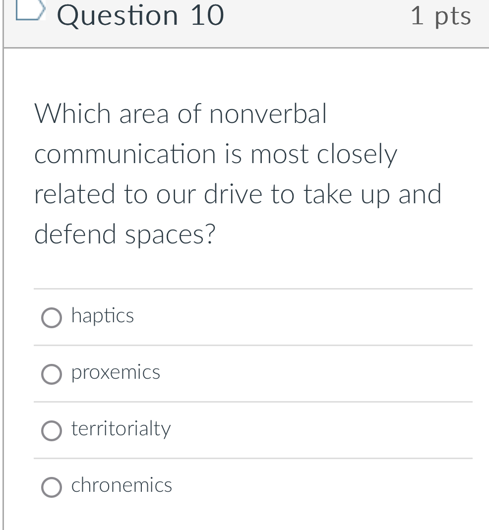 Solved Question 101ptsWhich area of nonverbal communication | Chegg.com