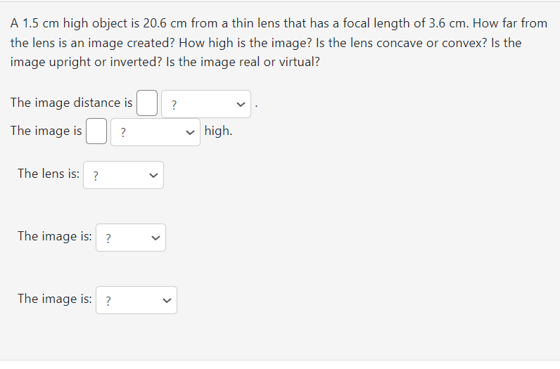 Solved A 1.5 ﻿cm high object is 20.6 ﻿cm from a thin lens | Chegg.com