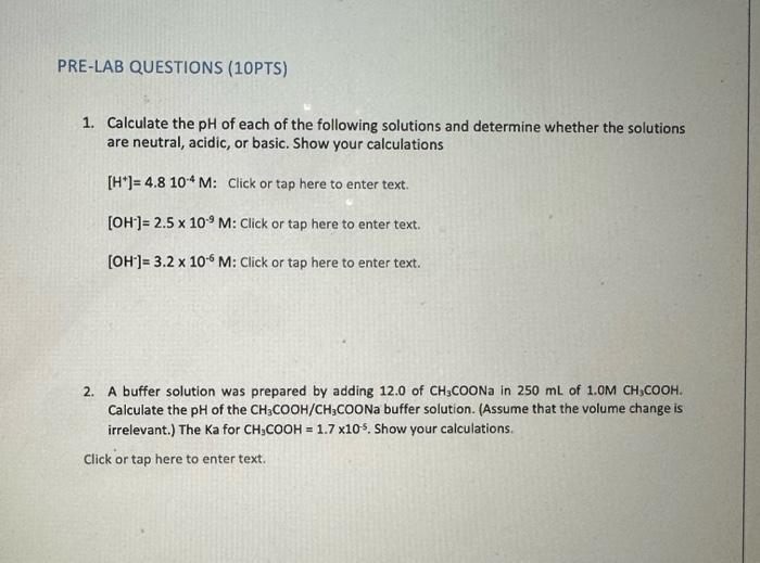 Solved PRE-LAB QUESTIONS (1OPTS) 1. Calculate the pH of each | Chegg.com
