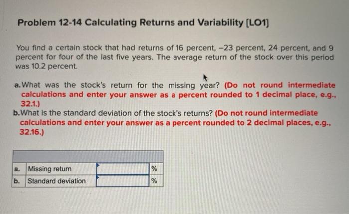 Solved Problem 12-14 Calculating Returns and Variability | Chegg.com