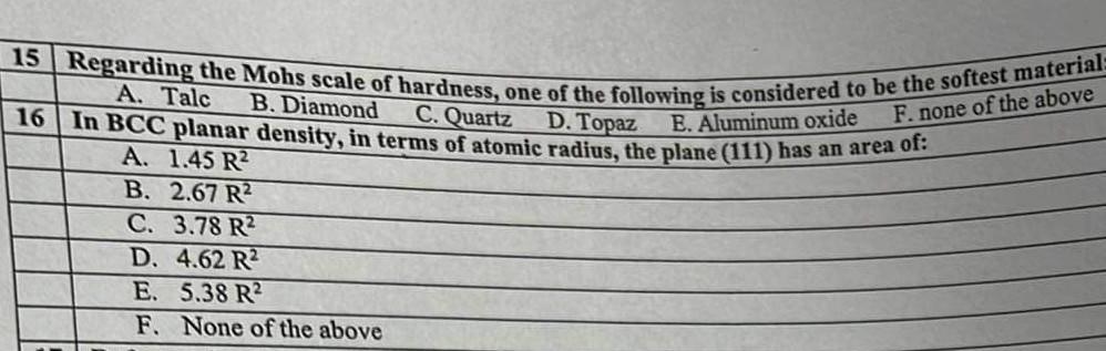 Solved \begin{tabular}{c|cccc} \hline 16 & A. Talc BCC | Chegg.com