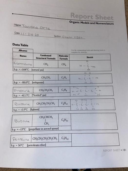 Solved Report Sheet Organic Models and Nomenclature Name | Chegg.com