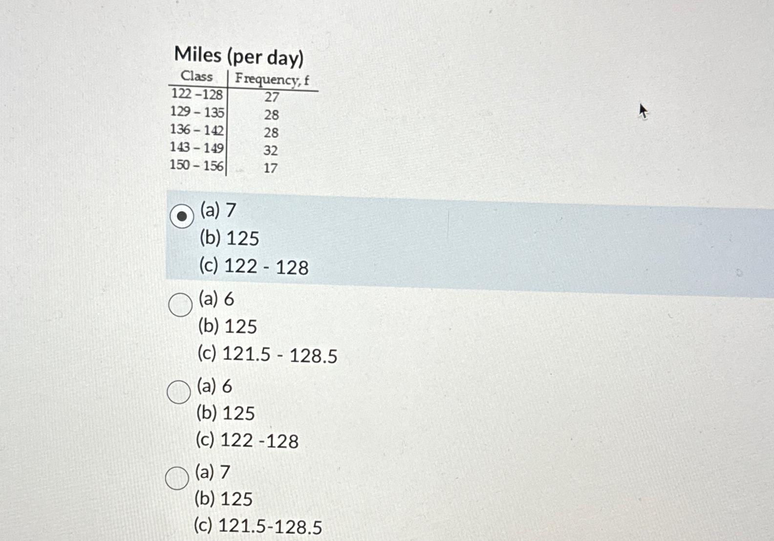 Miles (per day)\\n\\\\table[[Class,Frequency, | Chegg.com