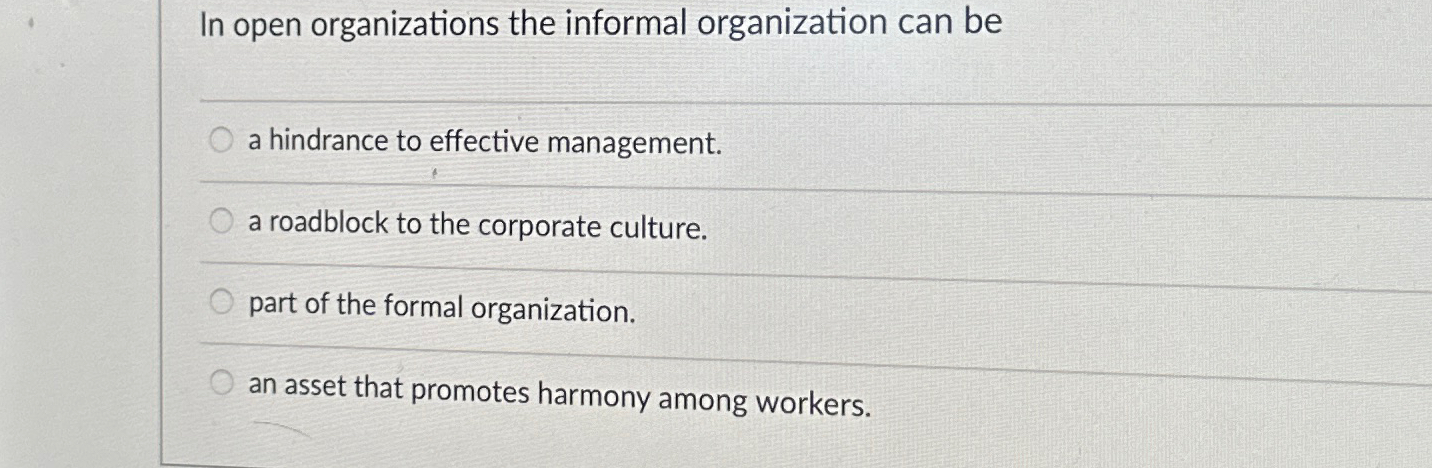 Solved In open organizations the informal organization can | Chegg.com