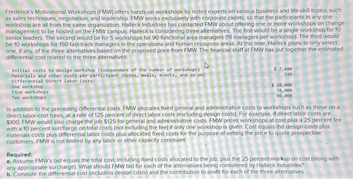 Solved Frederick's Motivational Workshops (FMW) offers | Chegg.com