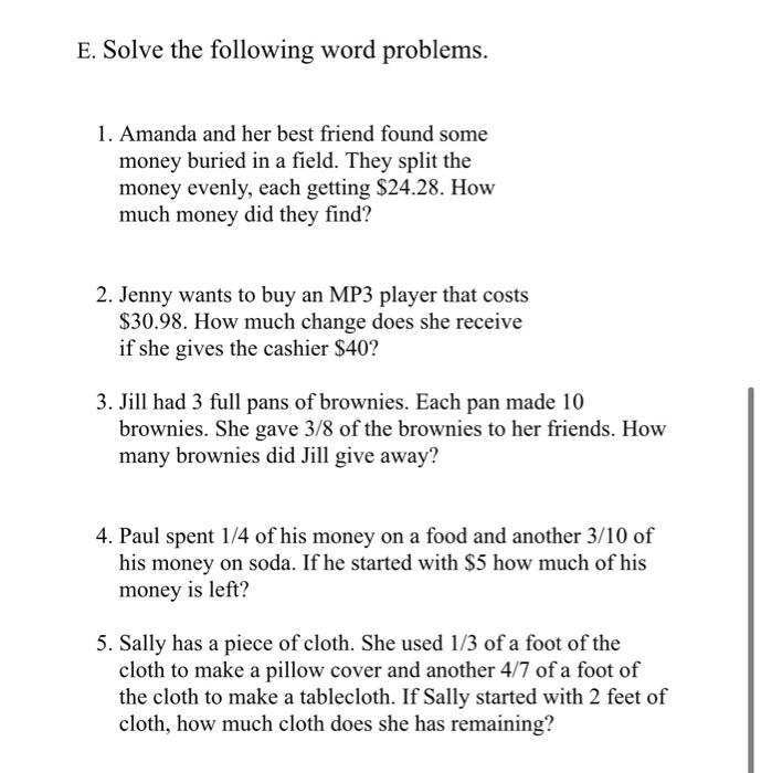 Solved E. Solve the following word problems. 1. Amanda and | Chegg.com