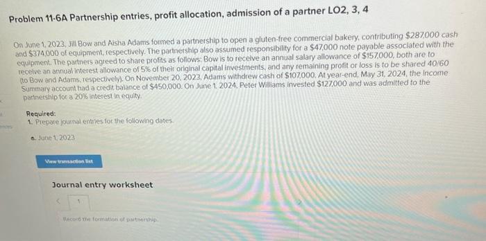 Solved Problem 11.6A Partnership entries, profit allocation, | Chegg.com