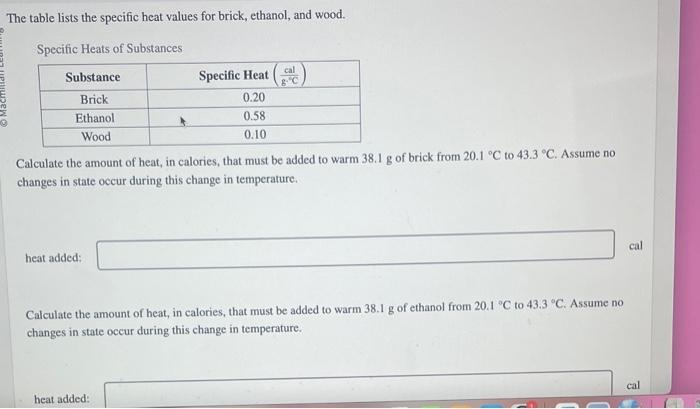 Solved The table lists the specific heat values for brick, | Chegg.com