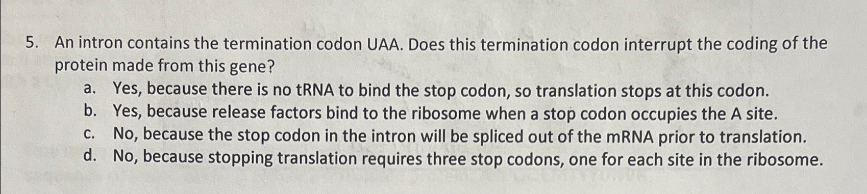 Solved An intron contains the termination codon UAA. Does | Chegg.com