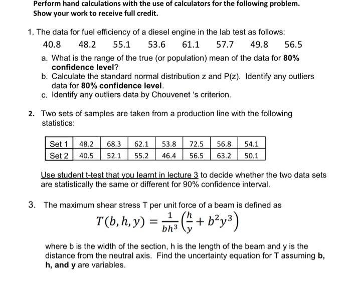 Solved Perform hand calculations with the use of calculators | Chegg.com