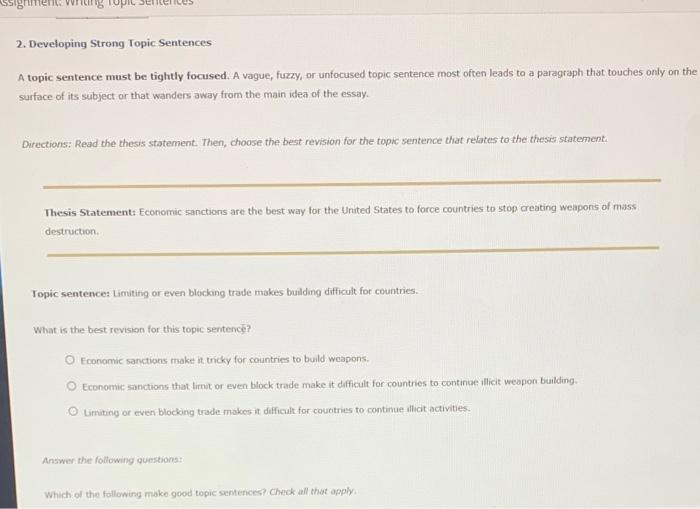 Solved 18 Topic 2. Developing Strong Topic Sentences A topic | Chegg.com