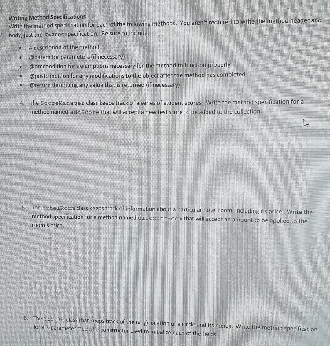 Solved Writing Method Specifications Write the method | Chegg.com
