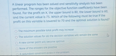 Solved A tinear program has been solved and sensitivity | Chegg.com