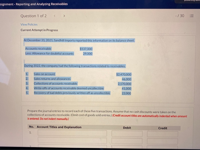 Solved signment - Reporting and Analyzing Receivables | Chegg.com