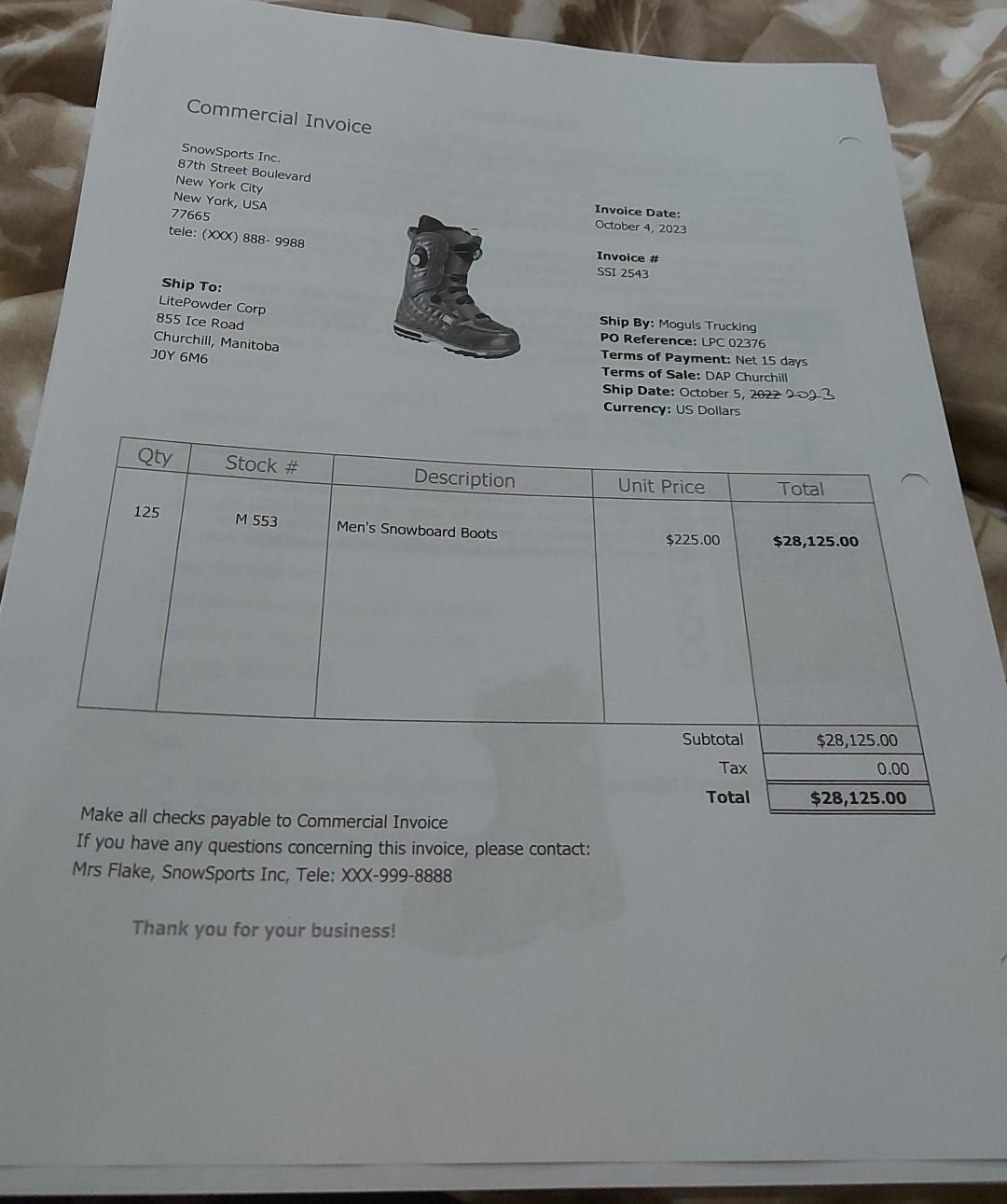 Solved Commercial Invoice SnowSports Inc. 87th Street | Chegg.com