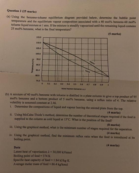 Solved Question 2 (25 marks) (a) Using the benzene-toluene | Chegg.com