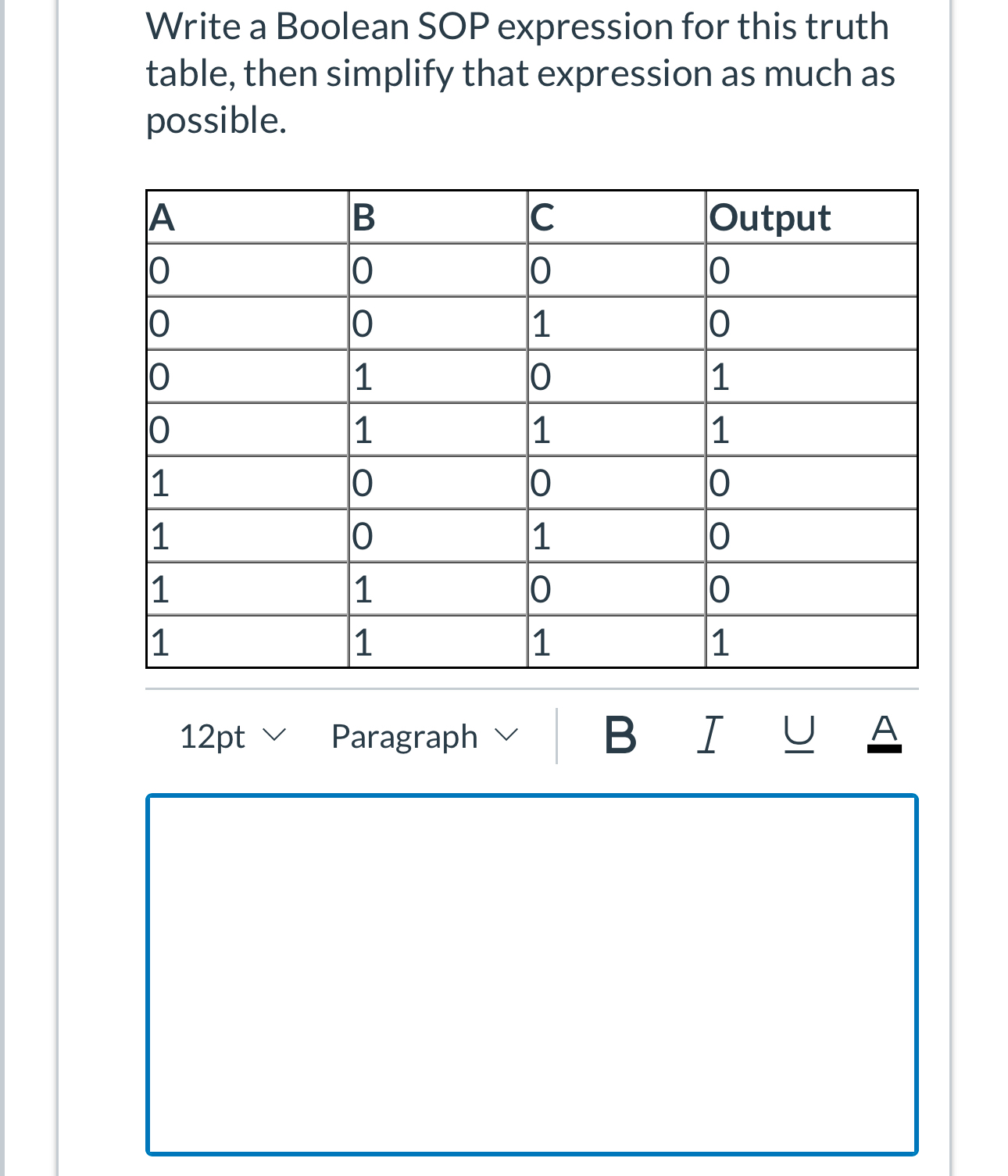 Solved Write a Boolean SOP expression for this truth table, | Chegg.com