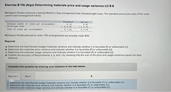 Solved Exercise 8-11A (Algo) Determining materials price and | Chegg.com