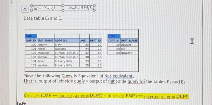 = ₁ (E₁ M₁ E₂) (0, (E,₁)) >4₂ E Data table E₁ and E₂ | Chegg.com