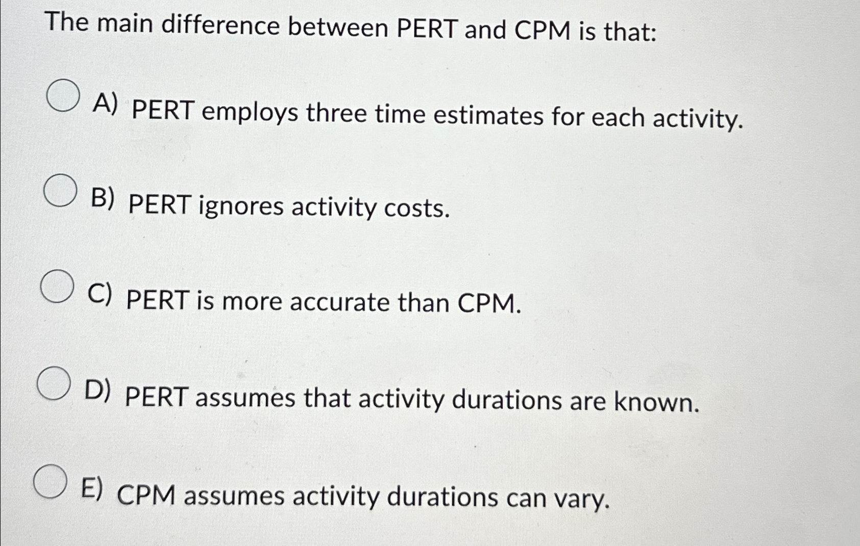 Solved The main difference between PERT and CPM is that:A) | Chegg.com