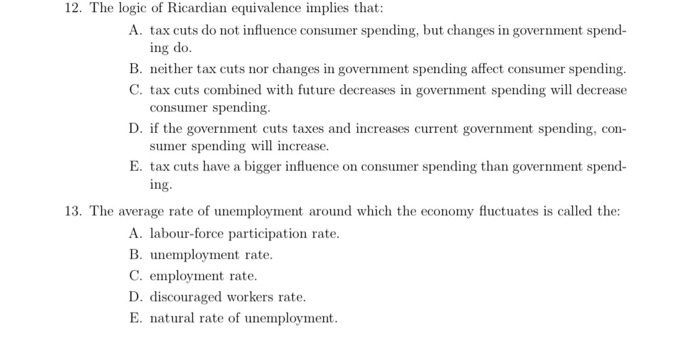 Solved 12. The logic of Ricardian equivalence implies that: | Chegg.com