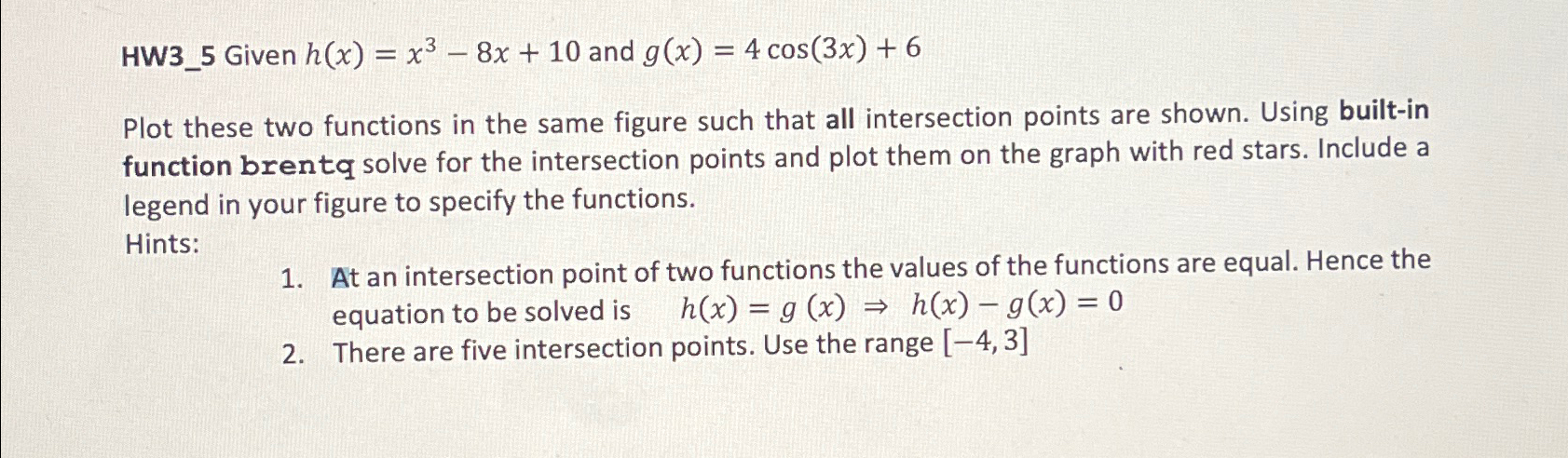 Solved HW3_5 ﻿Given h(x)=x3-8x+10 ﻿and g(x)=4cos(3x)+6Plot | Chegg.com