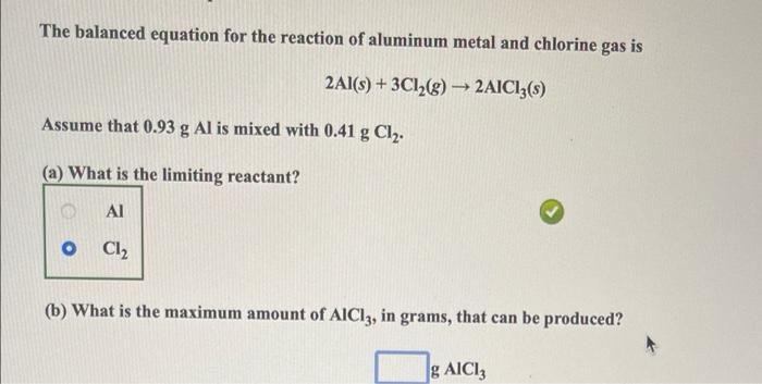 Solved The balanced equation for the reaction of aluminum | Chegg.com