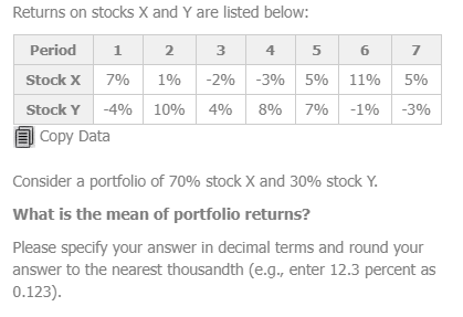 Solved Returns on stocks \( ﻿X \) ﻿and \( ﻿Y \) ﻿are listed | Chegg.com