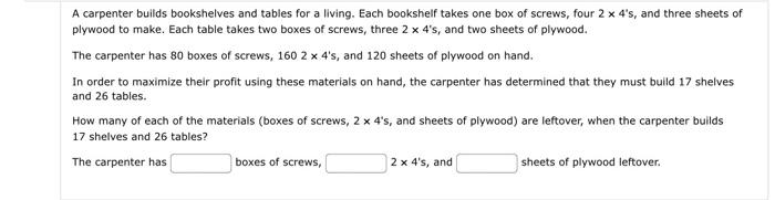 Solved A carpenter builds bookshelves and tables for a | Chegg.com