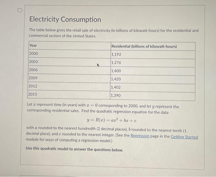 Solved Electricity Consumption The table below gives the | Chegg.com