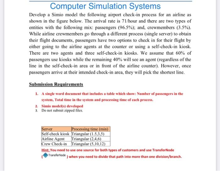 Computer Simulation Systems Develop a Simio model the | Chegg.com