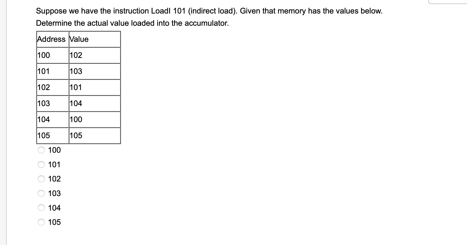 Solved Suppose we have the instruction Loadl 101 (indirect | Chegg.com