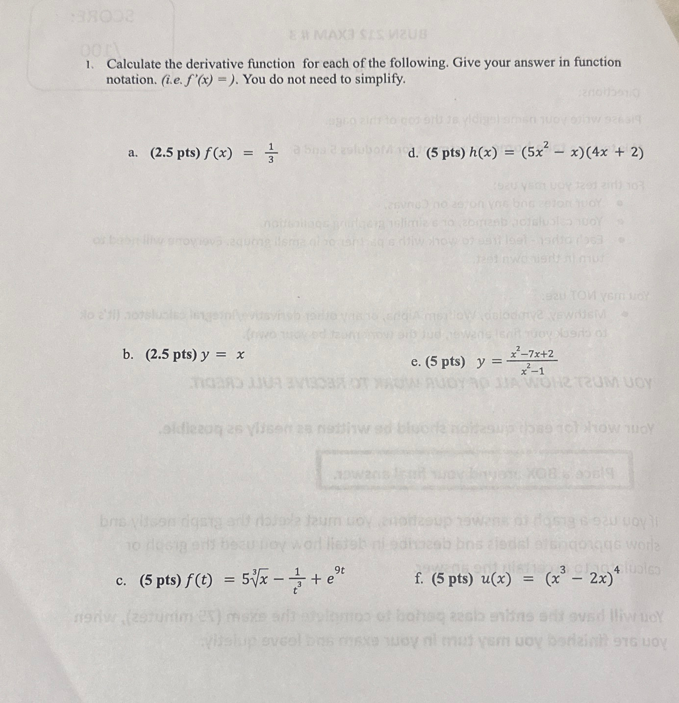 Solved Calculate The Derivative Function For Each Of The