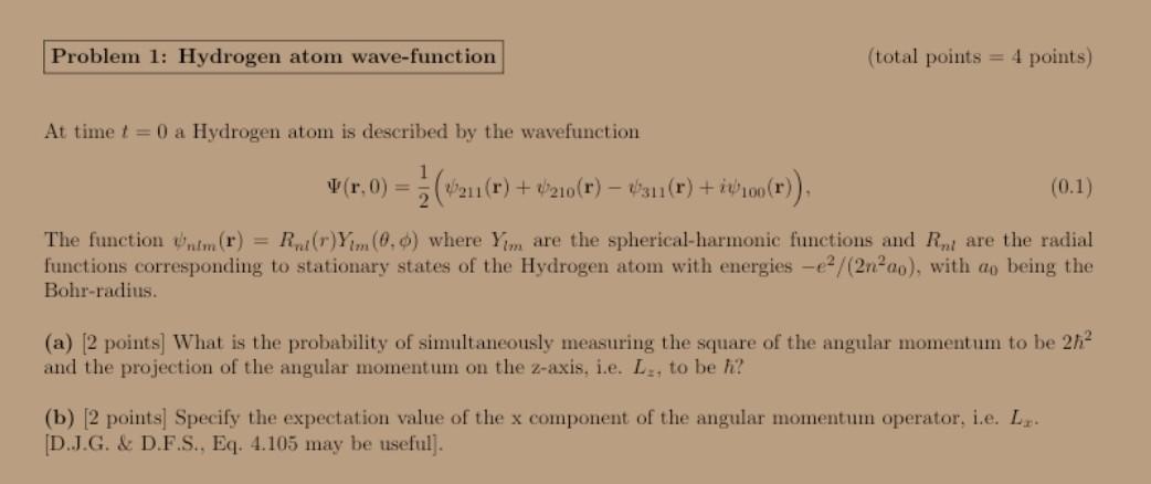 Solved Problem 1: Hydrogen atom wave-function (total points | Chegg.com