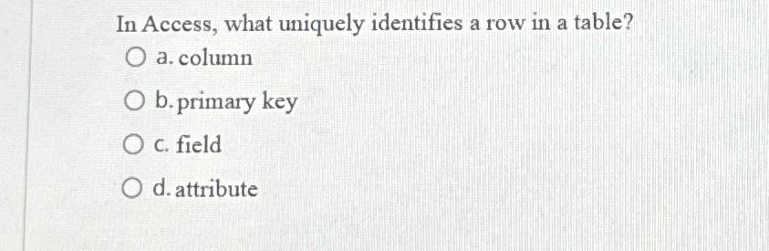 Solved In Access, what uniquely identifies a row in a | Chegg.com
