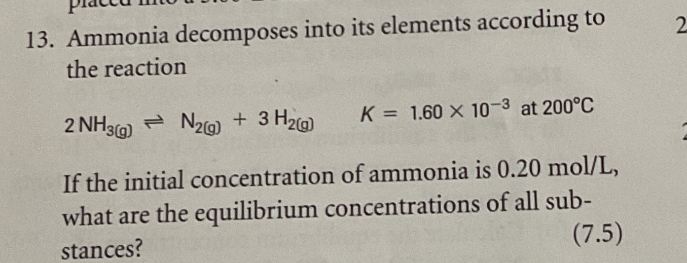 Solved Ammonia decomposes into its elements according to the | Chegg.com