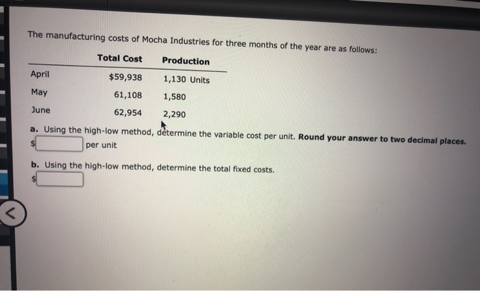 Solved The manufacturing costs of Mocha Industries for three | Chegg.com