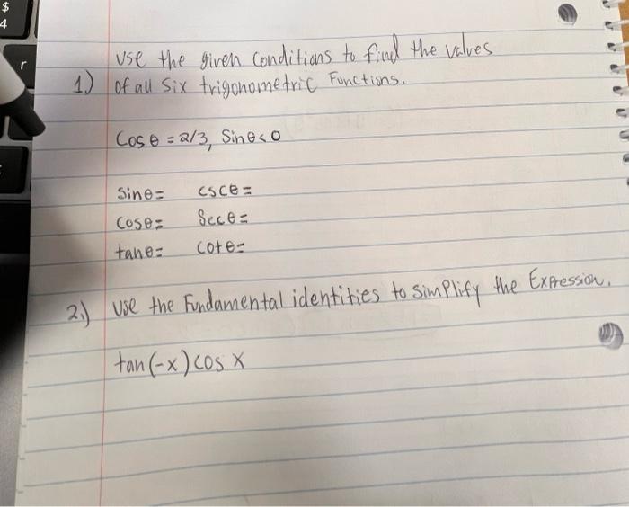 Solved 1.) Use the given conditions to find the values of | Chegg.com