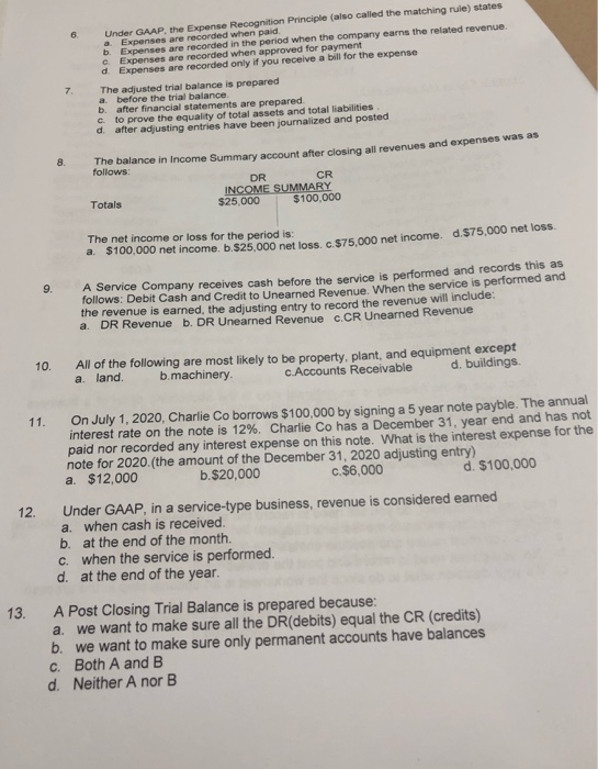 Solved Under GAAP, the Expense Recognition Principle (also | Chegg.com